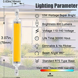 10W R7S LED Bulb, Dimmable 78mm COB LED Lights Bulbs, 100W Halogen Equivalent Floodlight Double Ended J T-Ype 360° Beam Angle 3000K Warm White,Natural White,1 Pack