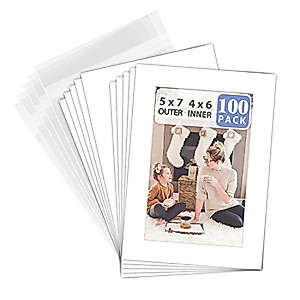 Pack of 100 5x7 WHITE Picture Mats Mattes with White Core Bevel Cut for 4x6 Photo + Back + Bags