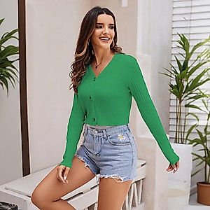 Women's Long Sleeve Cropped Cardigan Sweaters V Neck Solid Button Down Knit Bolero Shrugs Green
