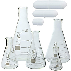 Glass Erlenmeyer Flask Set with Magnetic Stir Bar Set, 5 Sizes - 50, 150, 250, 500, and 1L, 3.3 Boro. Glass, Karter Scientific 213B4