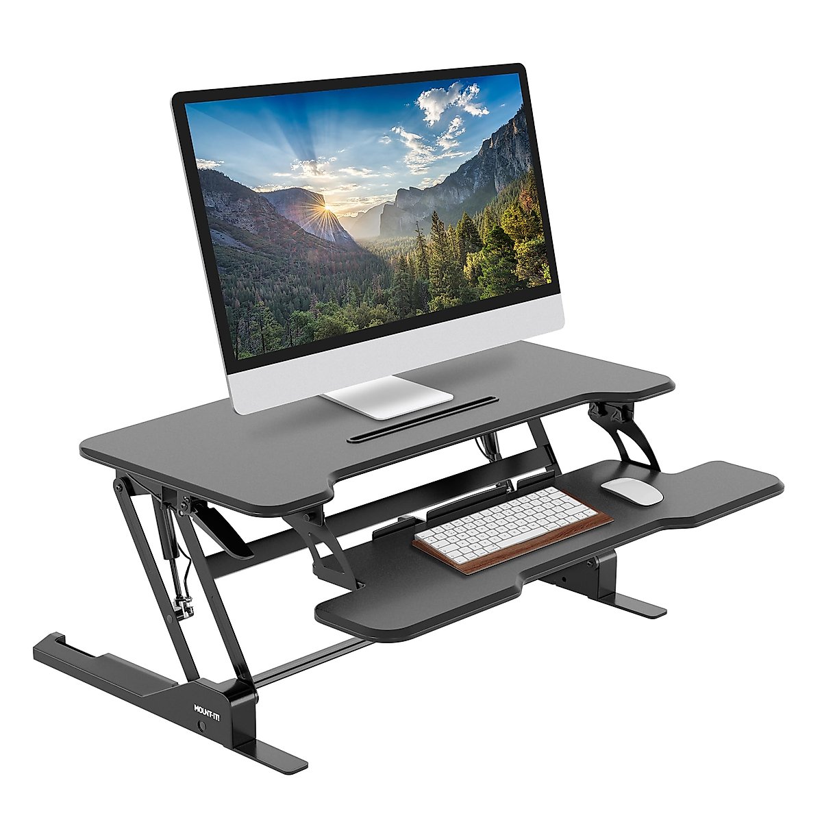 Mount-It! Height Adjustable Standing Desk Converter, 38” Wide, Stand Up Desk Riser for 2 Monitors, Manual Gas Spring Desktop Raises to 16.9", Fits Two Monitor Screens with Keyboard Mouse Tray in Black