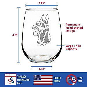 Doberman Face Stemless Wine Glass - Cute Dog Themed Decor and Gifts for Moms & Dads of Pinscher Dobermans - Large 17 Oz