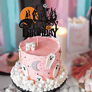 1 PCS Halloween Happy Birthday Cake Topper Glitter Jack and Sally Pumpkin Bat Castle Ghost Halloween Cake Pick for Halloween Theme Baby Shower Kids Birthday Party Cake Decorations Supplies