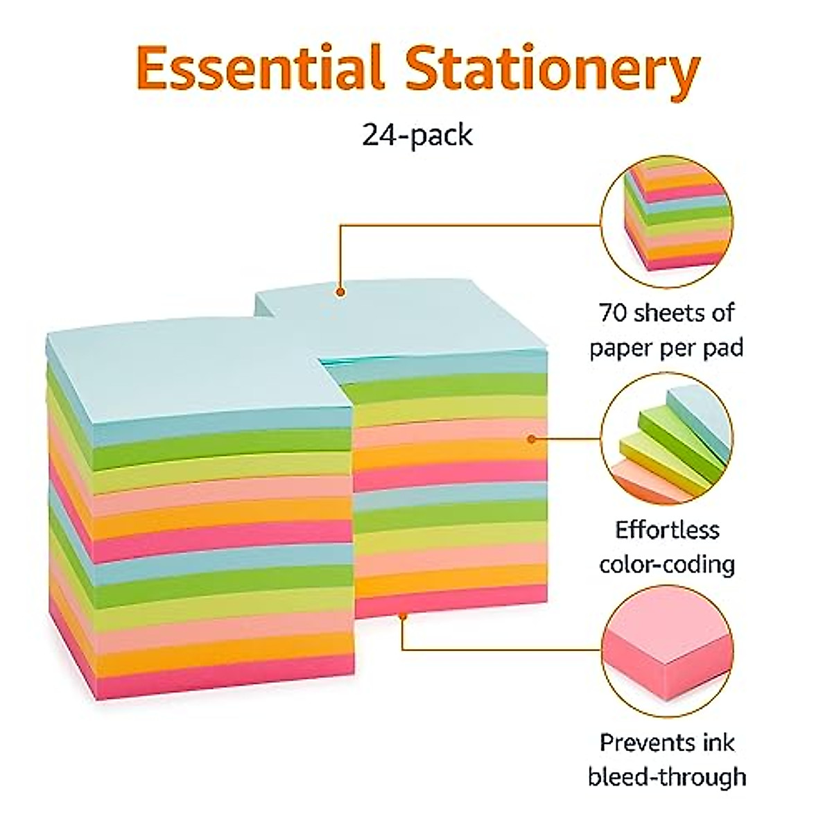 Amazon Basics Square Sticky Notes, 3 x 3-Inch, Assorted Colors, 24-Pack