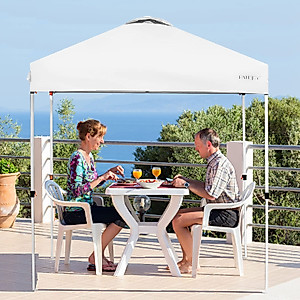 Tangkula Outdoor Pop-up Canopy Tent, 6.6 x 6.6 FT Height Adjustable Commercial Instant Canopy w/Portable Roller Bag, 4 Weight Bags, Outdoor Camping Sun Shelter for Camping, Party (6.6’ x 6.6’, White)