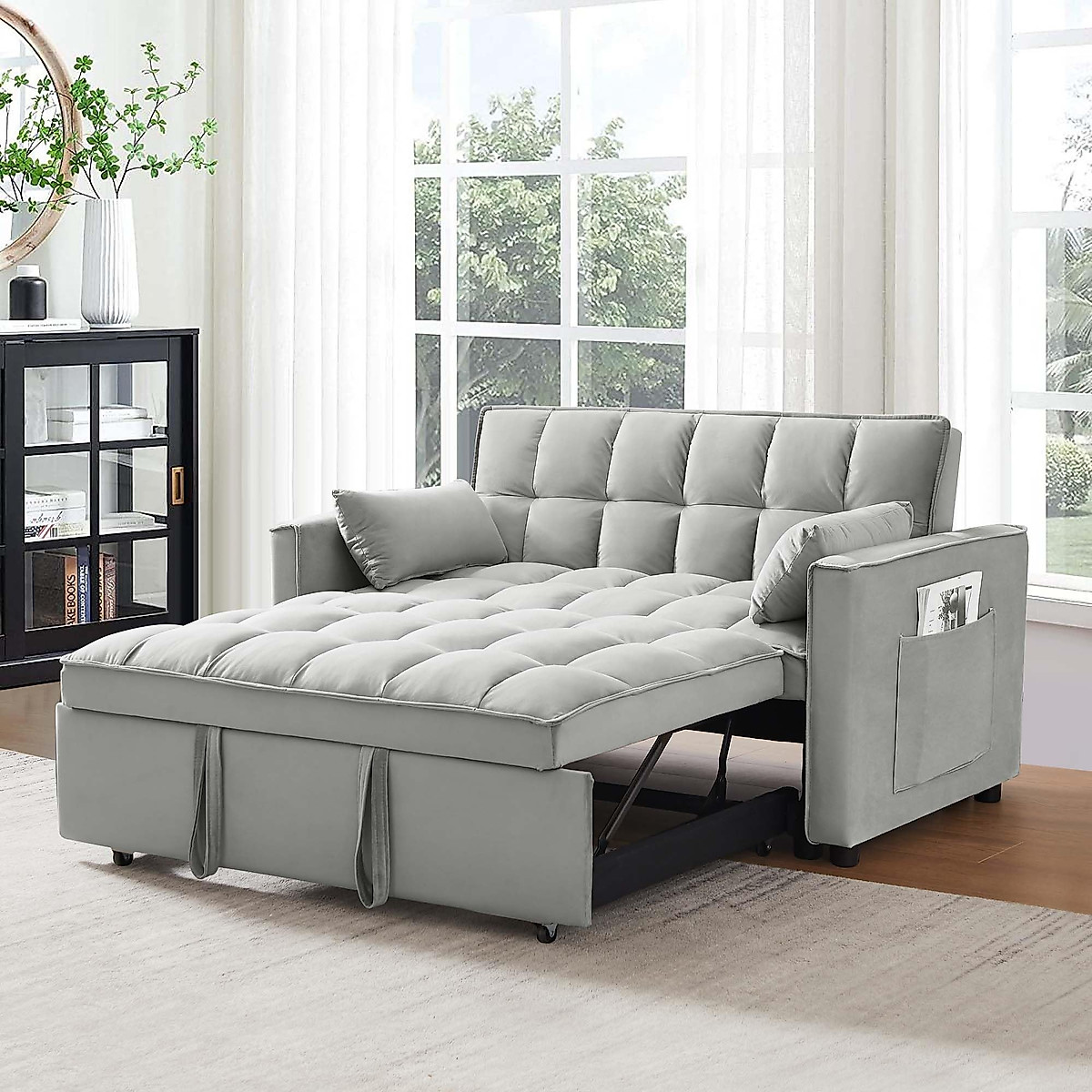 SumKea Pull Out Couch Bed Sleeper Sofa, Velvet 3-in-1 loveseat Sofa Bed with Pull-Out Bed, Two Throw Pillows, Grey