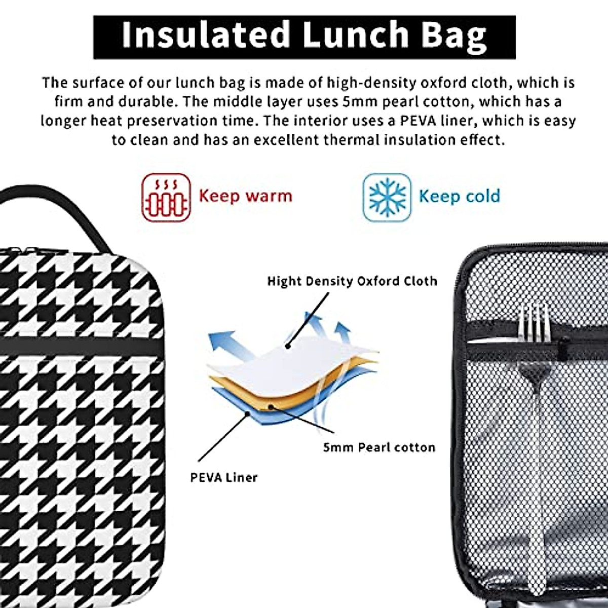 TGUBJGV Black and White Houndstooth Unisex Lunch Bag Tote Meal Bag Reusable Insulated Portable Lunch Box Handbags