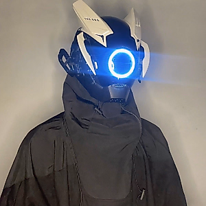 BIKETEK Cyberpunk Mask Cosplay, LED Light Futuristic Mecha Warrior Helmet, Sci-Fi Black Full Face Mask, Perfect for Halloween, Party (style 2)