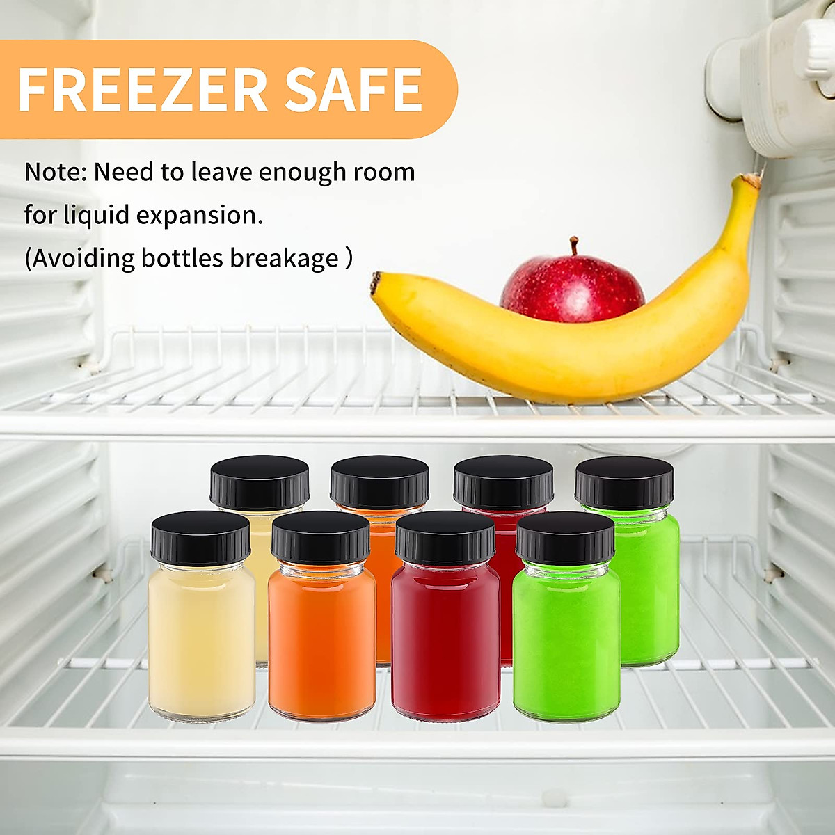 VOLCANOES CLUB 2oz Glass Jars with Lids - Glass Shot Bottles Set for Liquids, Juicing, Ginger Shot, Sample - Small Containers with Screw Caps - Clear Mini Round Bottles - Leakproof/Wide Mouth - 8 pack