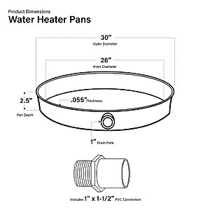Everflow PWHP28 Plastic Water Heater Drain Pan with 1 in. - 1-1/2 in. PVC Fitting, 28 in. Diameter Black