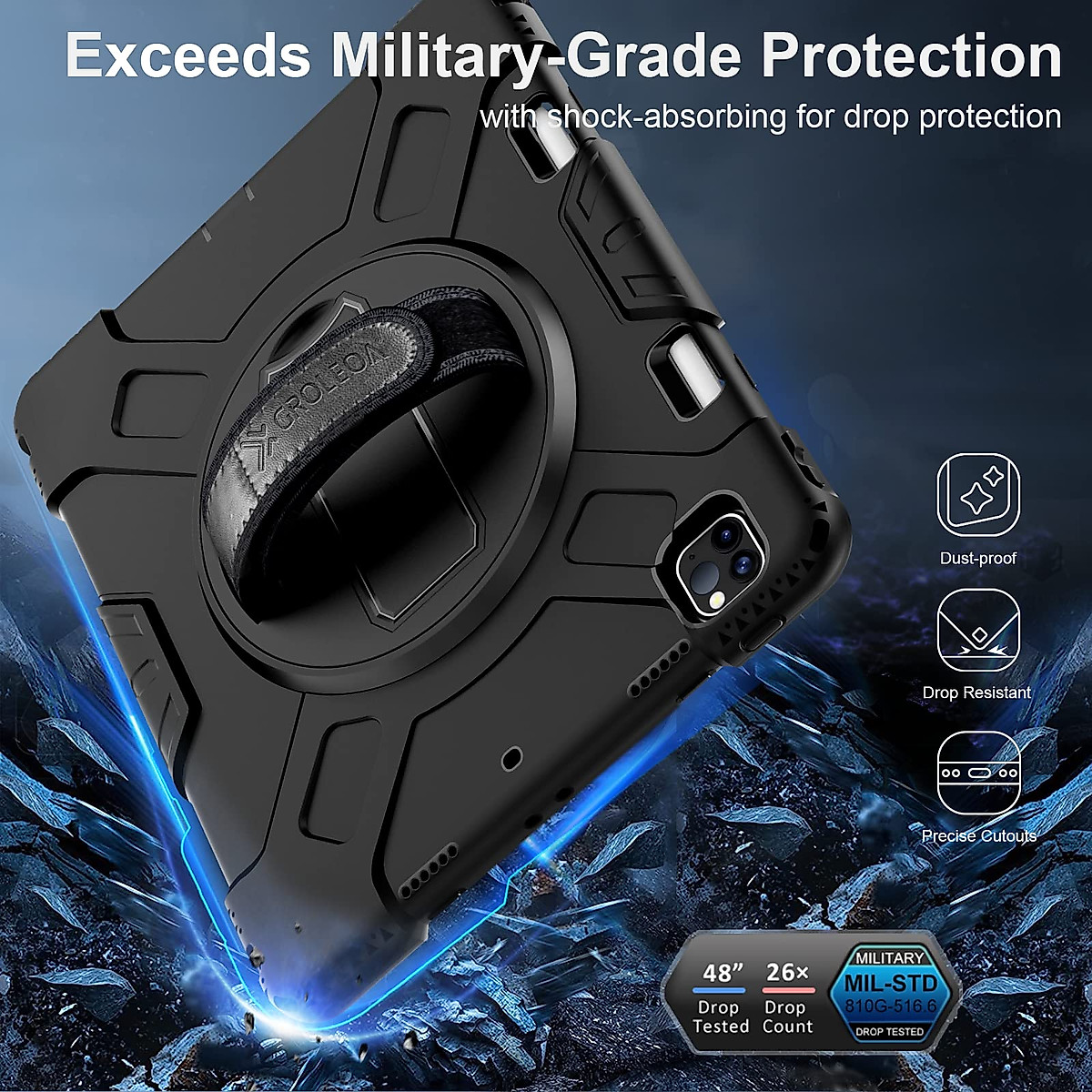 GROLEOA for iPad Pro 12.9 Case 2022/2021/2020 with Pencil Holder Screen Protector, iPad Pro 12.9 inch 6th/5th/4th Generation Cover, Full Body Shockproof Protective Rubber Case W/Stand Strap, Black