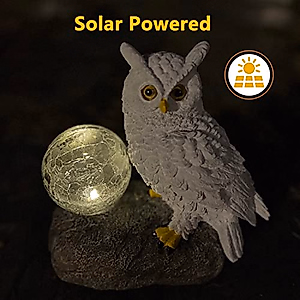 ARTCOS Garden Solar Lights Outdoor Decorative Pure White Owl Statue with Crackle Glass Globe LED Lights for Backyard, Lawn, Patio Decoration (Big)