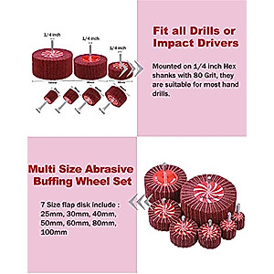 14 Pack Rocaris Buffing Flap Wheels - 7 Size Flap Disk - 1/4 Inch Shanks Fit All Drills - 80 Grits