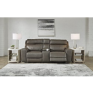 Signature Design by Ashley Roman Contemporary Tufted Leather Power Reclining Loveseat with Console and Adjustable Headrest, Gray
