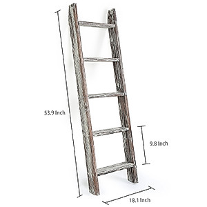 MyGift Torched Brown Wood Decorative Ladder Shelf, 4.5 Foot Wall Leaning Wooden Towel Blanket Ladder Storage Rack for Bathroom or Living Room