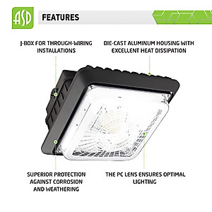 ASD 5000K Canopy LED Lights 347V-480V Dimmable IP65 40W 5400Lm Outdoor Ceiling Lights with J-Box | Light Fixture Canopy | Gas Station and Garage Light | LED Parking Lot Light UL&DLC