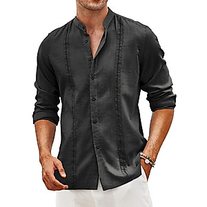 COOFANDY Men's Cuban Guayabera Shirt Long Sleeve Linen Cotton Shirt Hippie Beach Button Down Casual Shirts Black