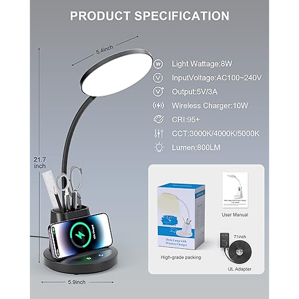 GOLSPARK Desk Lamp with Wireless Charger for Home Office, Eye-Caring Reading Lamp 3 Color Modes Stepless Dimming LED Desk Lamp, Touch Table Lamp with Pen Holder, CRI 90 AC Adapter Included