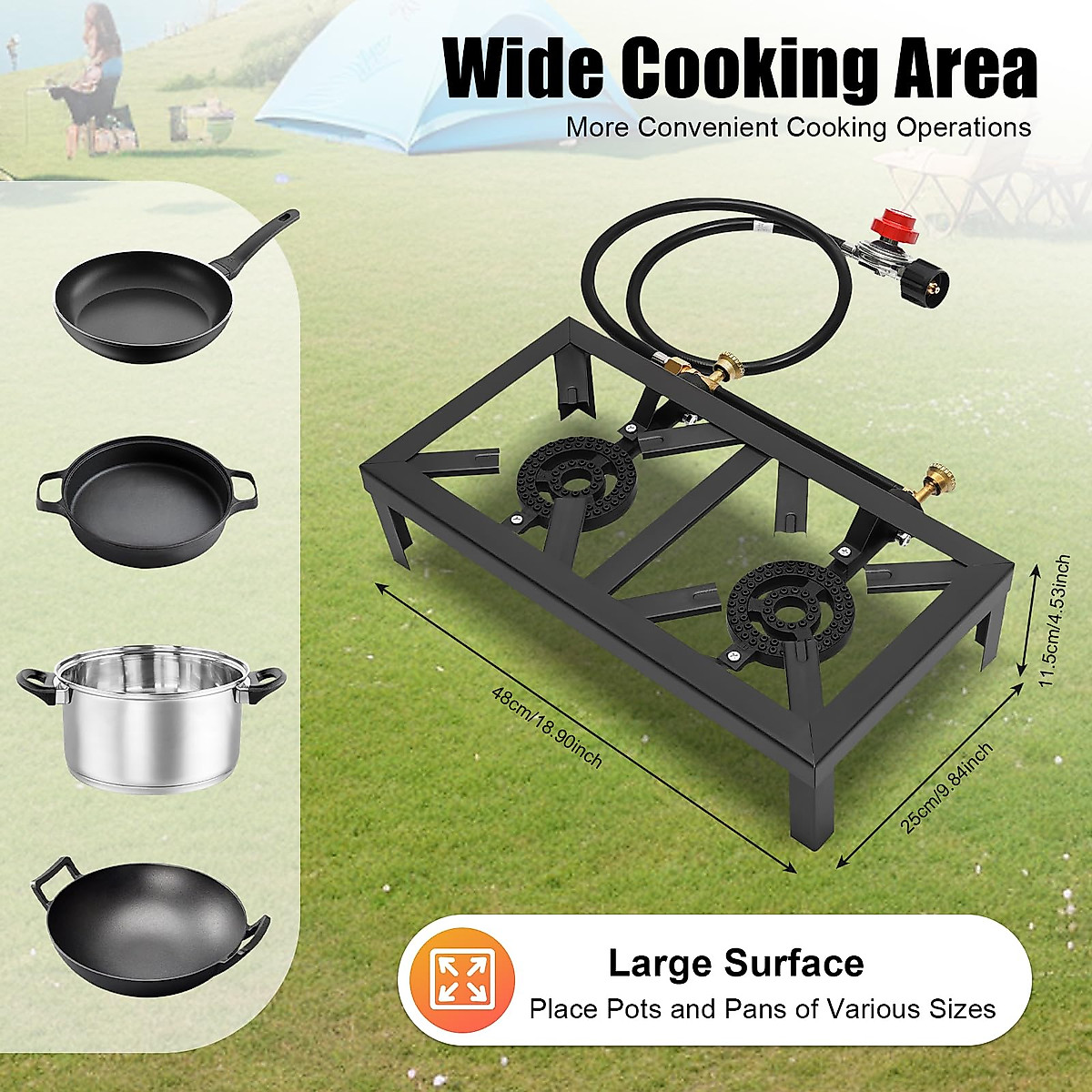 Portable Double Burner Outdoor Gas Stove Cast Iron Propane Cooker with Adjustable 0-10Psi Regulator Hose for Patio Camping, BBQ, Home Brewing,Tailgating, Hiking, Maple Syrup Prep