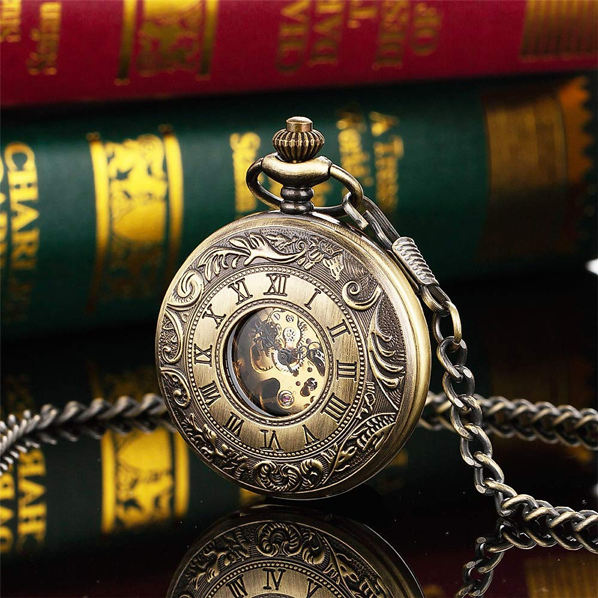 ManChDa Pocket Watch - Engraved Bronze Retro Vintage Double Hunter Series Skeleton Dial Delicate Mechanical Movement + Gift Box