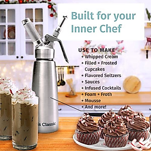 Whipped Cream Dispenser Stainless Steel - Professional Whipped Cream Maker - Gourmet Cream Whipper - Large 500ml / 1 Pint Capacity Canister - Includes 3 Culinary Decorating Nozzles