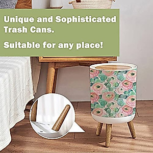 Small Trash Can with Lid watercolor seamless with delicate roses and eucalyptus on light pink Round Garbage Can Press Cover Wastebasket Wood Waste Bin for Bathroom Kitchen Office 7L/1.8 Gallon