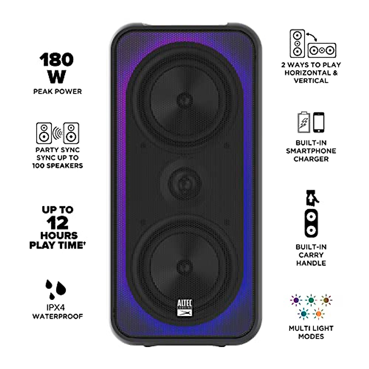 Altec Lansing Shockwave 200 Wireless Party Speaker 180W Bluetooth Speaker with a Long Lasting 12 Hour Battery, Multi LED Party Modes, Multiple bass Boost Modes, Party Sync, AM/FM Radio