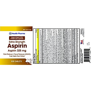 Health Pharma Aspirin Pain Reliever and Fever Reducer , 325 mg Coated Tablets, White, 500 Count