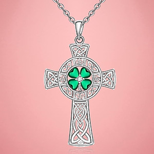 St Patricks Day Necklace Shamrock Necklace Celtic Cross Four Leaf Clover Necklaces for Women Sterling Silver Irish Shamrock Pendant Green 4 Leaf Clover Jewelry Lucky Gifts