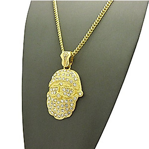 Fashion 21 Iced Out Santa Face Inspired Pendant 24" Various Chain Necklace in Gold Color Plated (4mm 24" Cuban Chain)