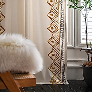 ColorBird Embroidery Diamond Semi-Blackout Window Curtains 2 Panels Boho Cotton Linen Darkening Curtains Rod Pocket Window Drapes for Living Room Bedroom (52" W x 63" L, Yellow)