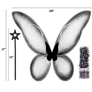 Funcredible Fairy Costume Accessories - Black Fairy Wings and Fairy Star Wand, Glitter - Tooth Fairy Cosplay Outfit for Women and Girls