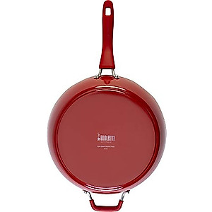 Bialetti Aeternum Nonstick White Ceramic Cookware, 12" Covered Lid Saute Pan, Red & White