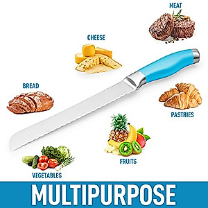 Zulay Serrated Bread Knife 8 inch - Ultra-Sharp & Durable Blade For Easy Slicing - Lightweight 304 Stainless Steel One Piece Design with Tip Safety Guard - Cut & Slice Bread, Vegetables & More (Blue)