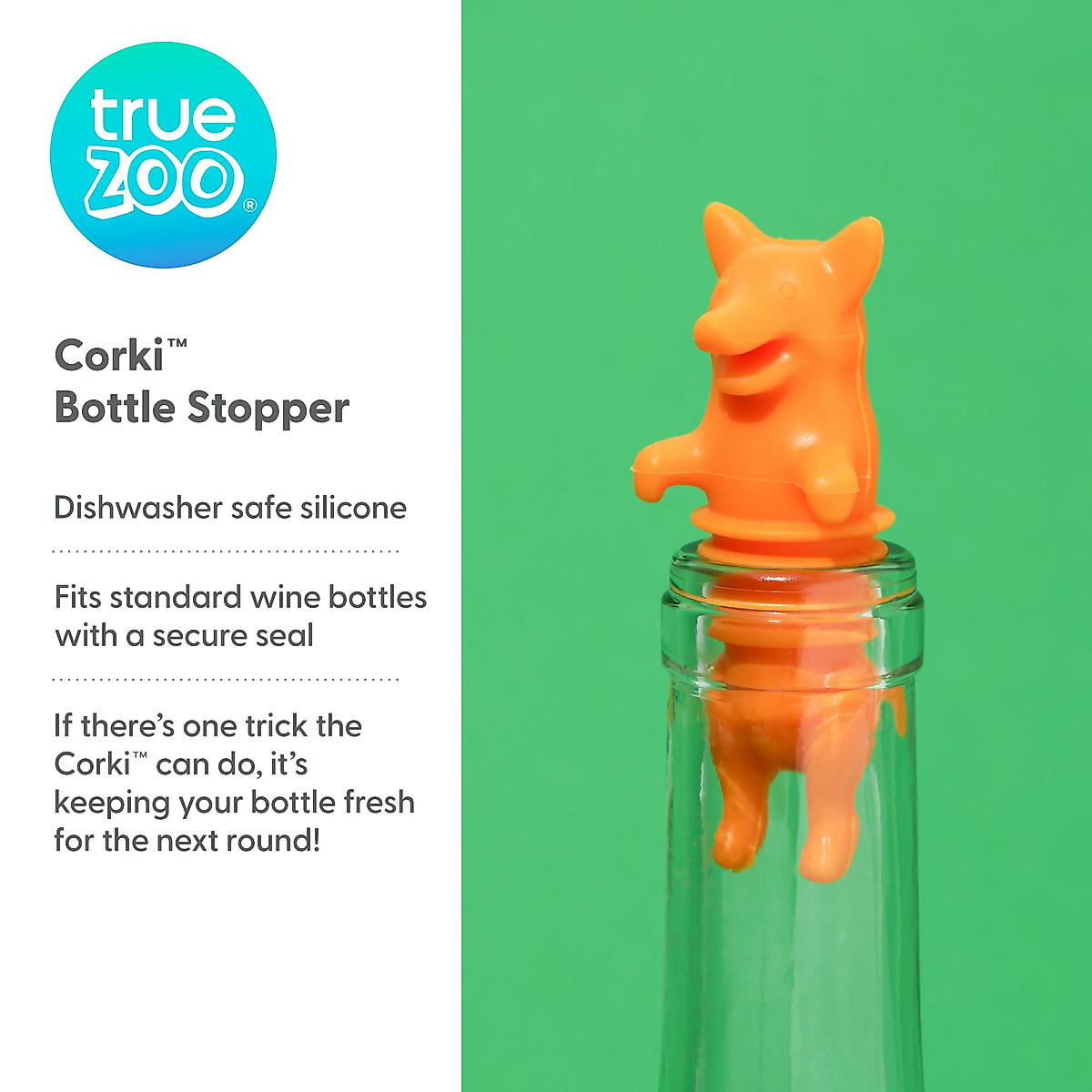 TrueZoo Corki Bottle Stopper, Corgi Animal Cork, Novelty Wine Stopper, Silicone, Set of 1, Orange