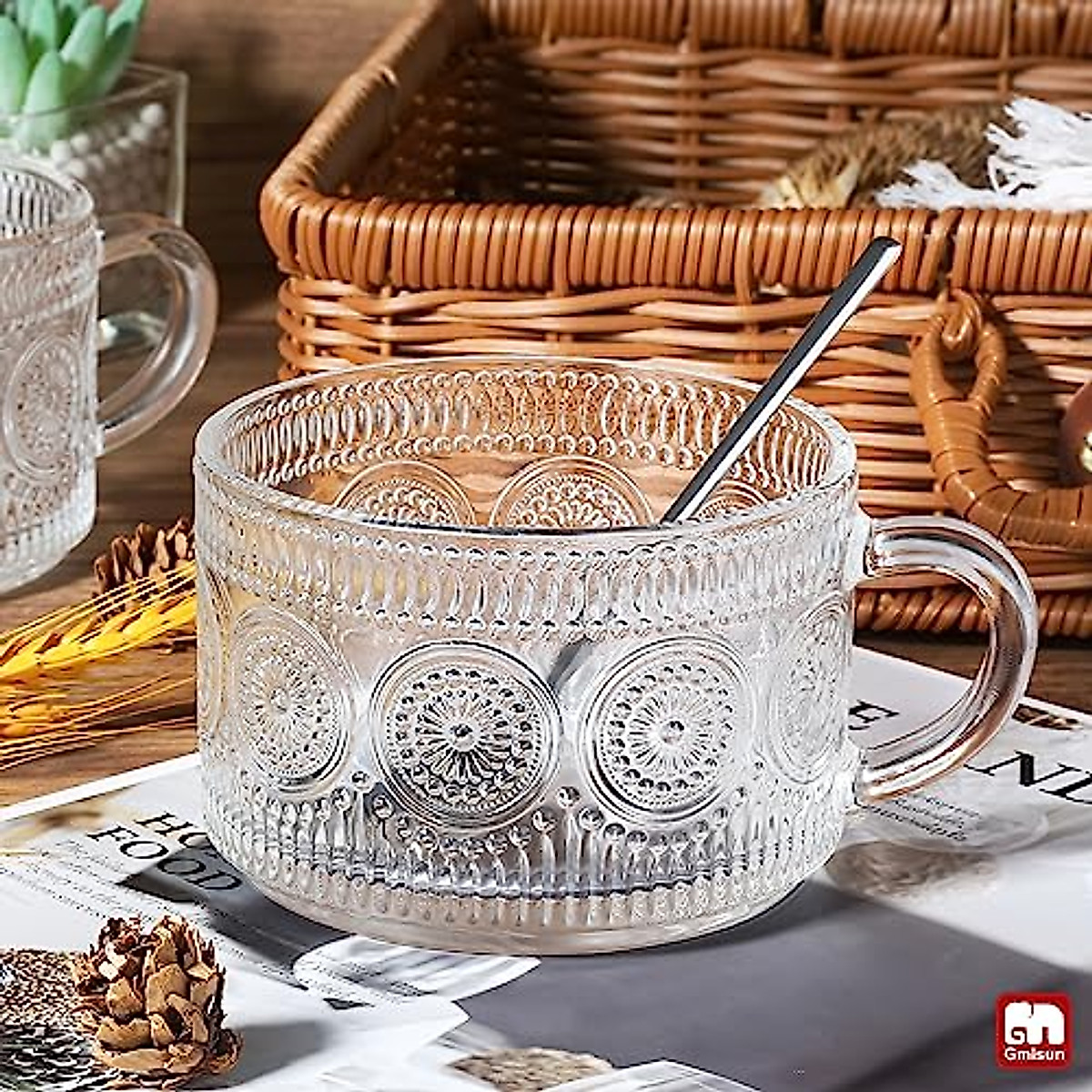 GMISUN Vintage Coffee Mugs, 14oz Glass Coffee Mug Set with Bamboo Lids, Large Clear Coffee Mug with Spoons, Big Coffee Cup Set with Handle, Clear Coffee Cups for Coffee, Iced Coffee (2 Pack)