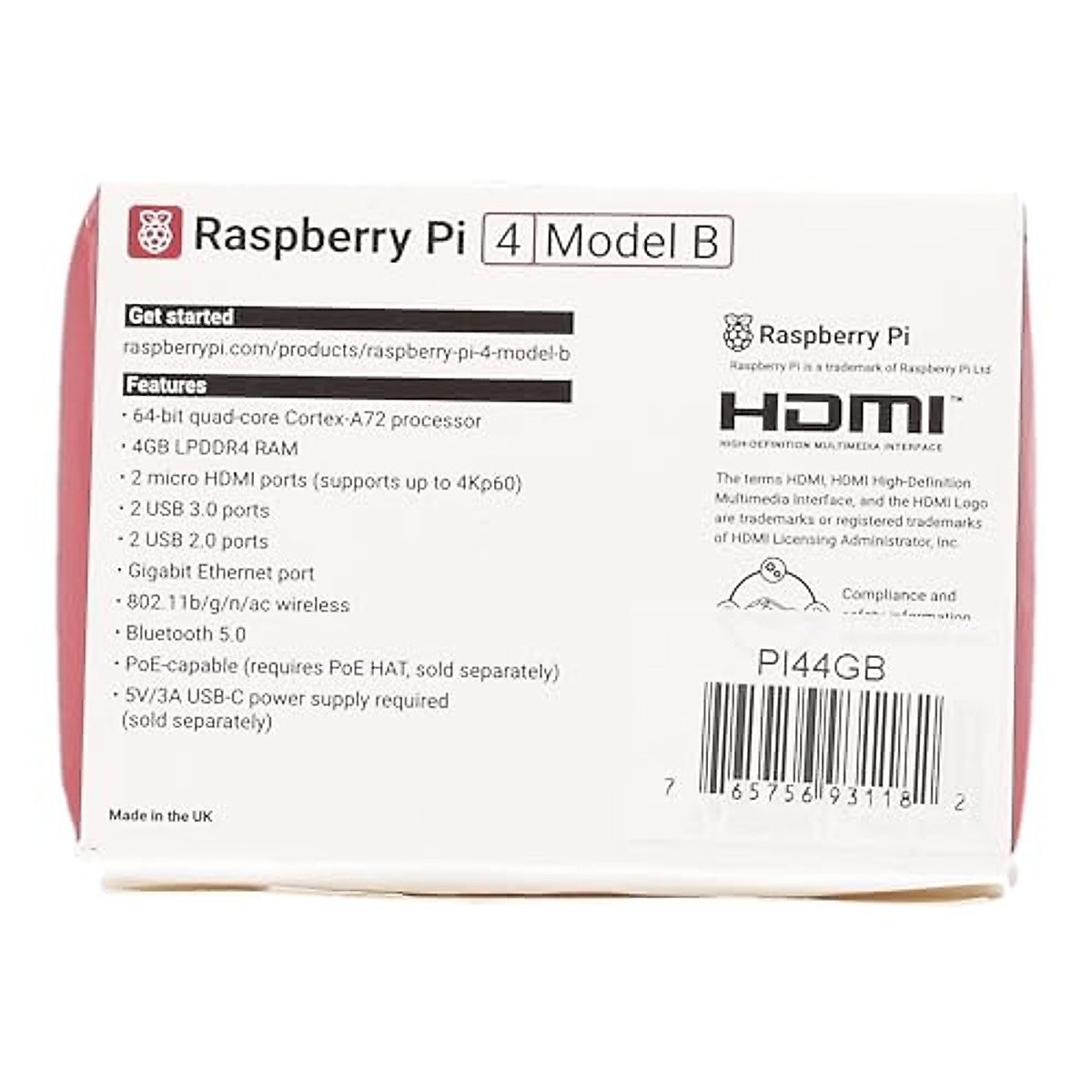 Raspberry Pi 4 Model B 2019 Quad Core 64 Bit WiFi Bluetooth (4GB)