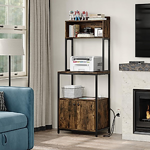 Furniouse 5-Tier Kitchen Bakers Rack with Power Outlet, Industrial Microwave Oven Stand with Storage, Kitchen Storage Shelf with Cabinet, Coffee cart, Standing Kitchen Storage Rack (Rustic Brown)