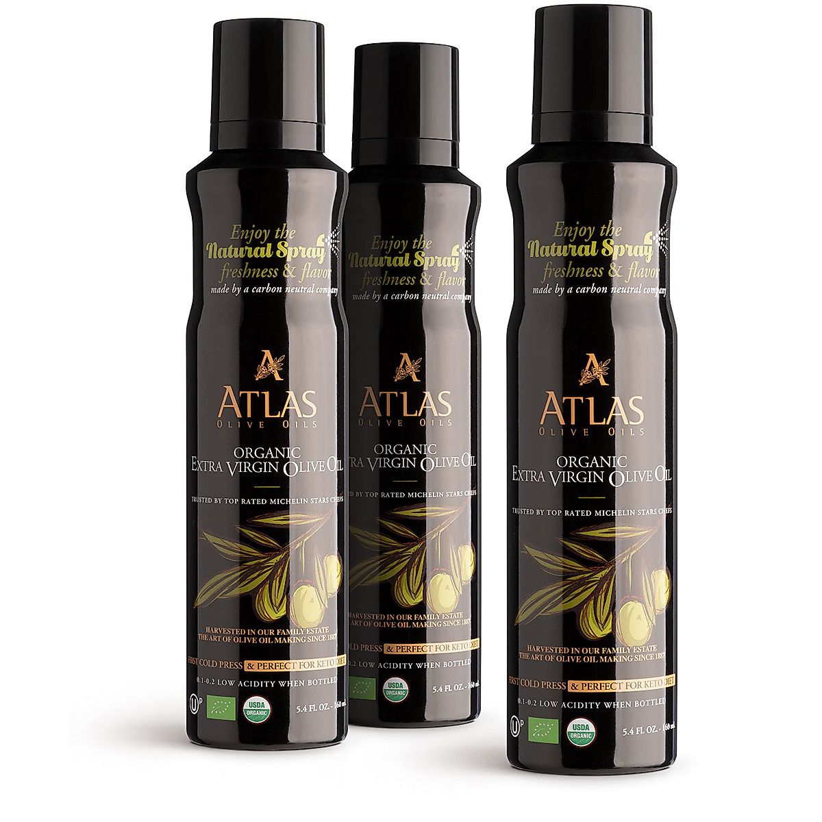 Organic Extra Virgin Olive Oil Spray, Polyphenol Rich Moroccan Oil, Cooking Spray Non Stick, Cold Pressed EVOO Oil, Hydroxytyrosol Keto Olive Oil, 5.4 fl oz. Bottle, Pack of 3