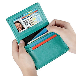 Mini Leather Credit Card Case Small Card Holder Wallet with ID Window for Men and Women (Green)