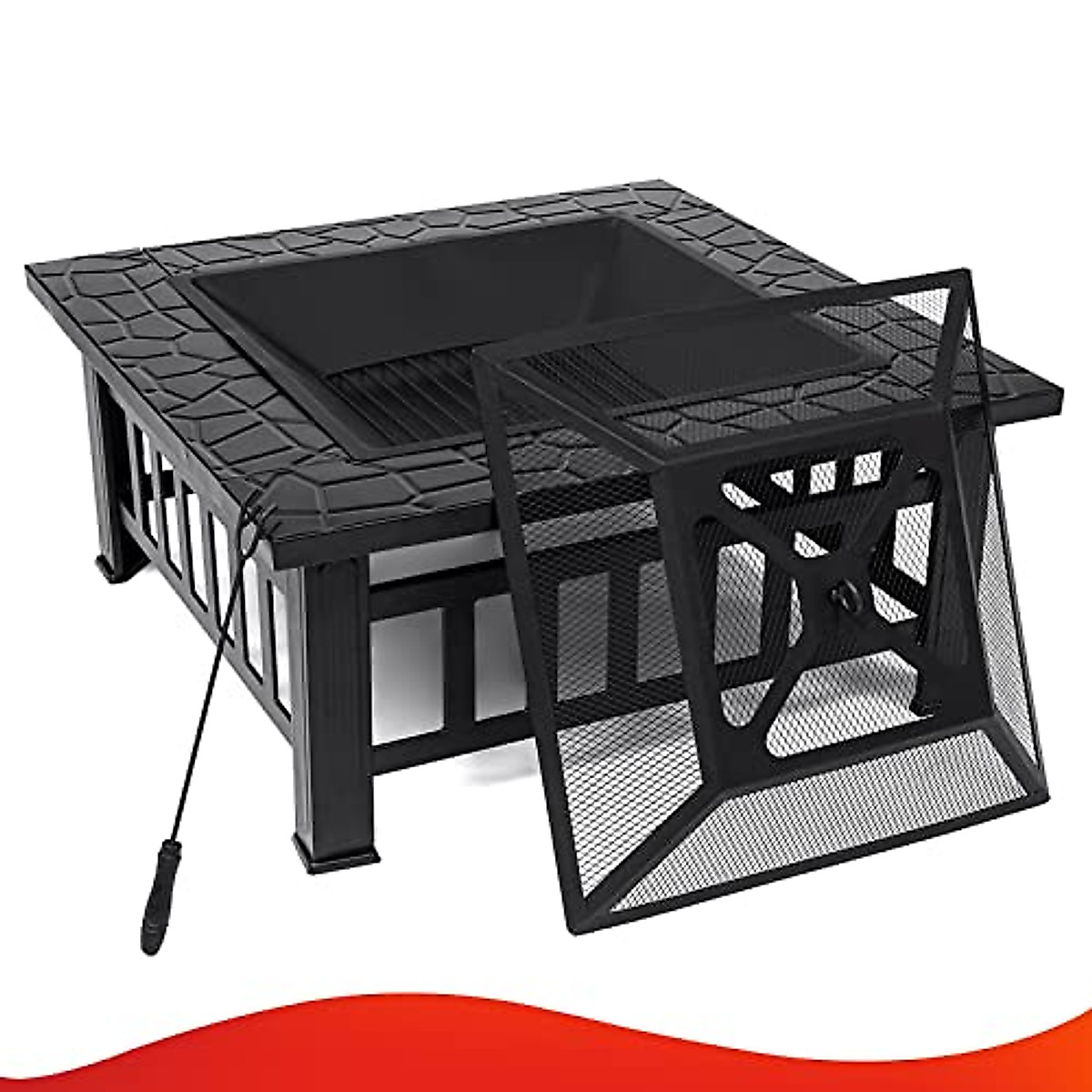 32 Inch Fire Pit Table for Outside Heavy Duty 3 in 1 Metal Square Firepit Table with Spark Screen Cover Log Grate and Poker for Outside Wood Burning and BBQ Drink Cooling