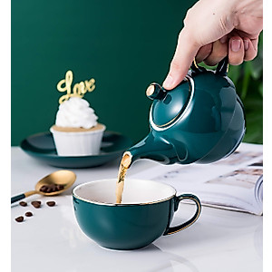 Jusalpha Dark Turquoise Green Fine China 16 OZ Teapot- Tea cup- Saucer Set, Tea-for-One set #08