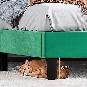 YITAHOME Queen Size Bed Frame, Green Upholstered Bed Frame with USB Ports, Vertical Channel Velvet Headboard Platform Bed Frame, No Box Spring Needed, Easy Assembly