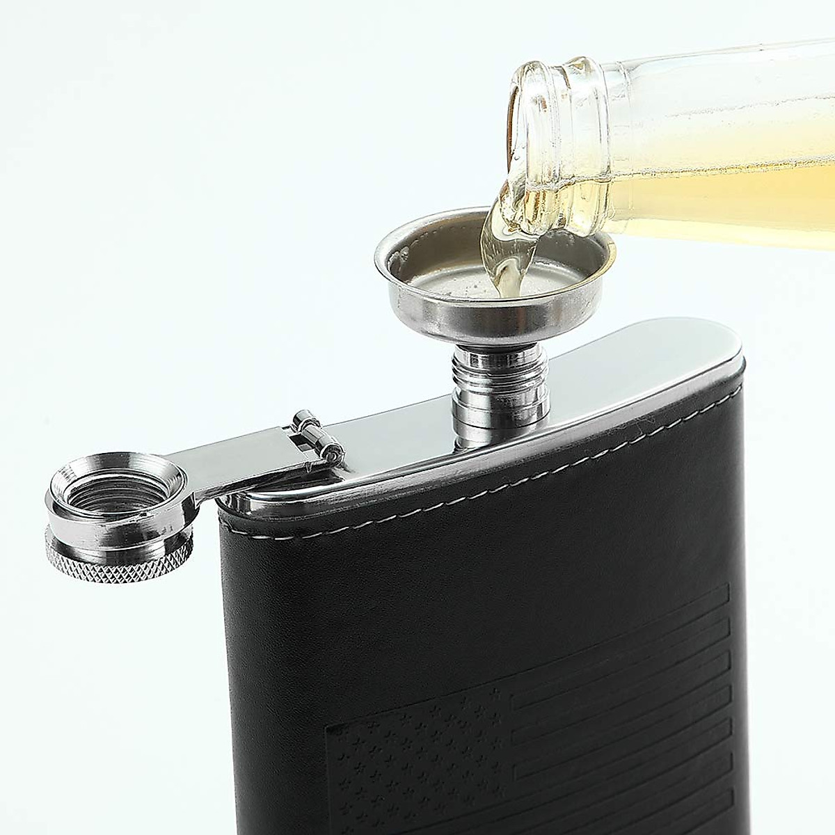 YWQ Stainless Steel American Flag Flask, Soft Touch Cover Liquor Flasks 8oz | Leak Proof Black PU Leather Heavy Duty Hip Set, Includes Funnel