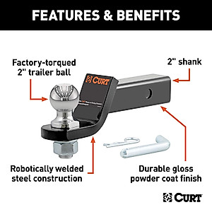 CURT 45036 Trailer Hitch Mount with 2-Inch Ball & Pin, Fits 2-in Receiver, 7,500 lbs, 2" Drop, GLOSS BLACK POWDER COAT