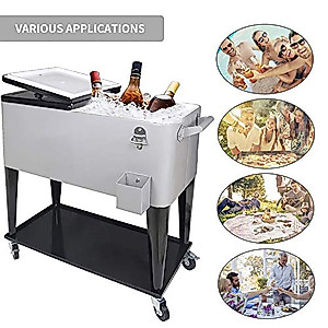 SHAREWIN 80 QT Rolling Cooler Cart Ice Chest for Outdoor Patio Deck Party Portable Party Bar Cold Drink Beverage Cart Tub, Backyard Cooler Trolley on Wheels with Shelf, Bottle Opener Silvery