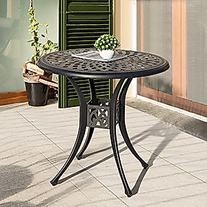 Nuu Garden 30 Inch Patio Dining Table, Cast Aluminum Round Outdoor Table with Umbrella Hole for Patio, Backyard, Deck-Black