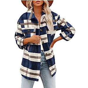 TTBDWiian Womens Plaid Jacket With Pockets Long Sleeve Button Down Shirts Flannel Shacket Jacket Fall Winter Casual Coat 2023