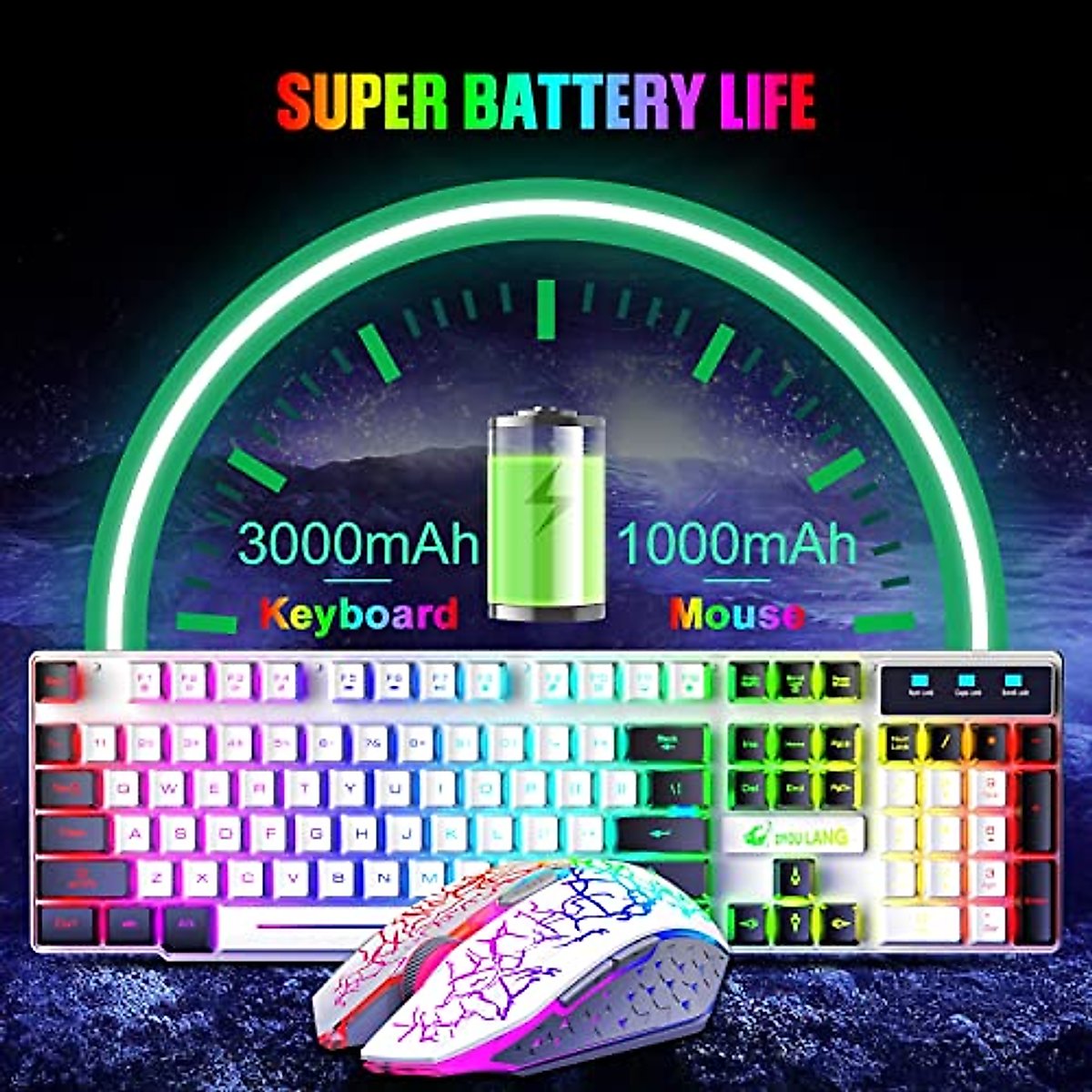 Wireless Gaming Keyboard and Mouse Combo Muti-Color Keycaps Rainbow Backlit Mechanical Feel Keyboard RGB Carck Luminescent Mice Mouse Pad for PC/Mac Gamer, Typist, Travel
