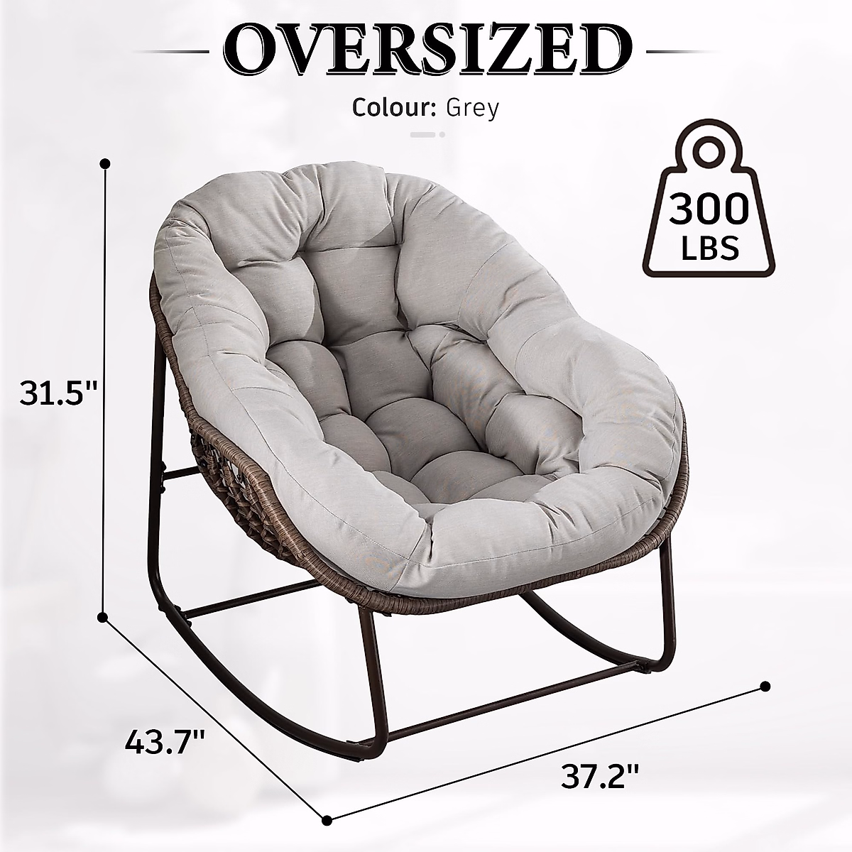 Large Indoor Outdoor Rocking Chair, Oversized Rocking Papasan Chair with Thick Cushion and Frame Outdoor Rocker, Comfy Wicker Egg Chairs Lounge for Outside Porch Patio Backyard Balcony (Beige)